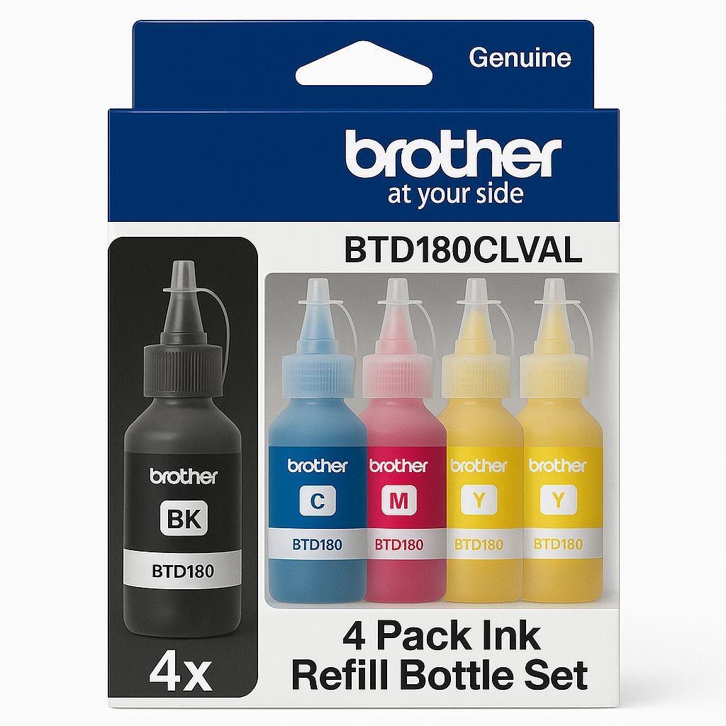 Genuine 4x Pack Brother BTD180 Ink Refill Bottle Set (C/M/Y/K) – For ...