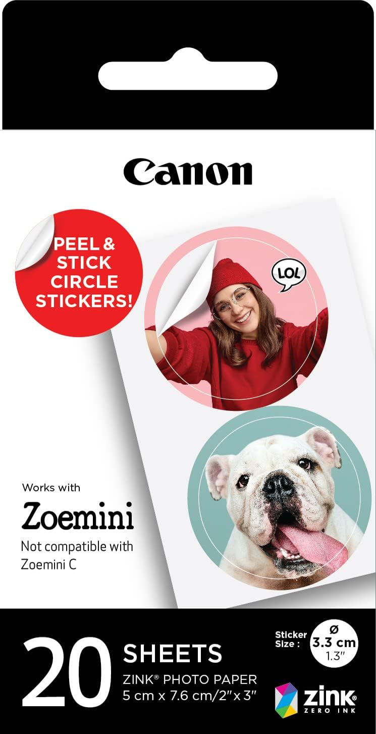 Canon ZINK Pre-Cut Circle Sticker Pack 20 Sheets for Zoemini Printers