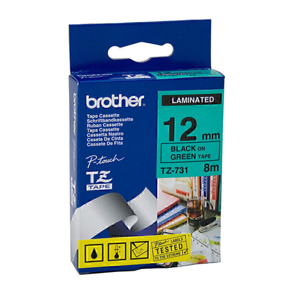 Brother TZe-731 12mmx8M BLACK on GREEN PTouch Glossy TZ Label Tape PTP