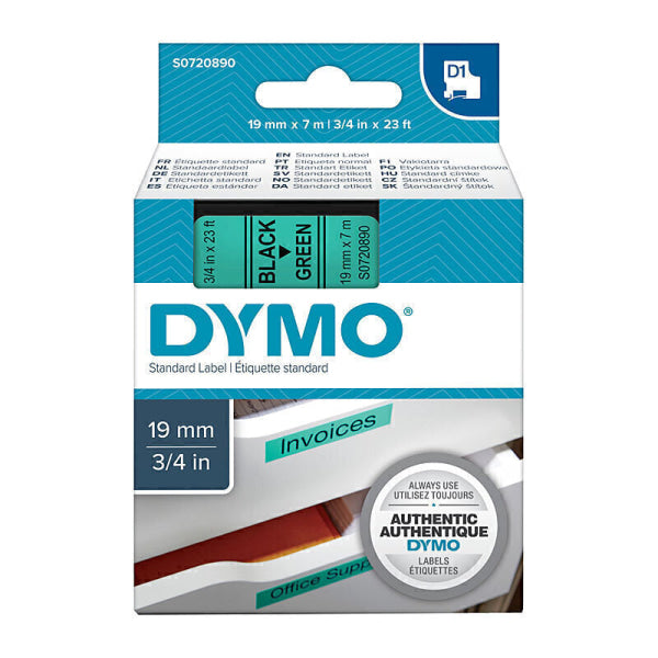 Genuine Dymo D1 Black-on-Green Label Tape 19mm x 7m (S0720890 / 45809)