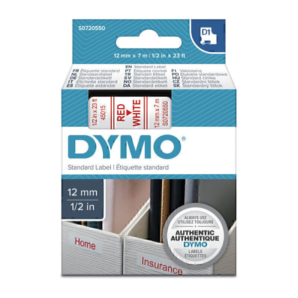 Genuine Dymo D1 Red-on-White Label Tape 12mm x 7m (S0720550 / 45015)