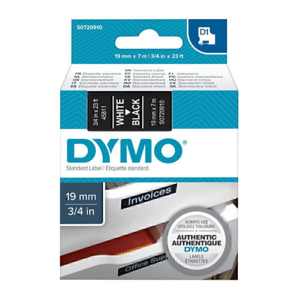 Genuine Dymo D1 White-on-Black Label Tape 19mm x 7m (S0720910 / 45811)