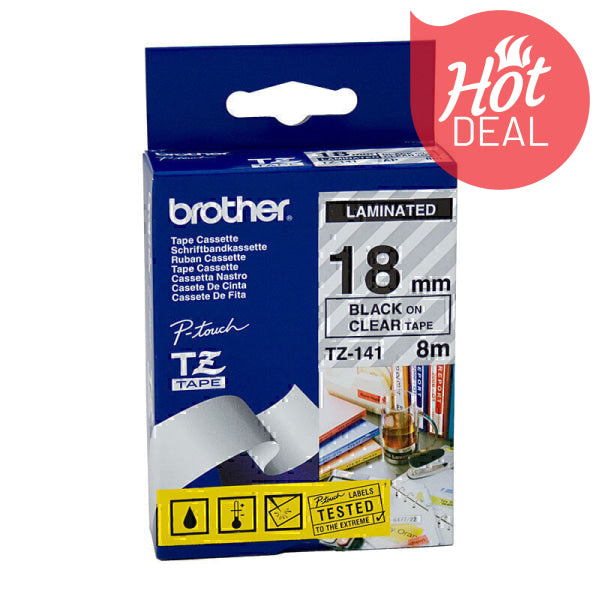 Genuine Brother TZe-141 18mm Black on Clear Labelling Tape (8M) for PT