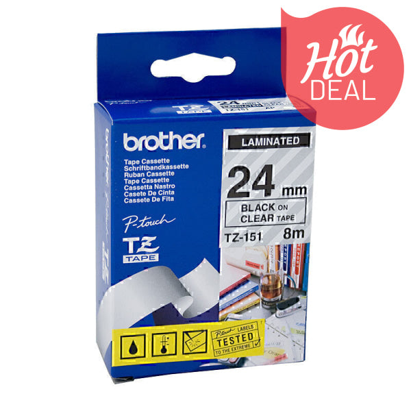 Genuine Brother TZe-151 24mm Black on Clear Labelling Tape (8M) for PT