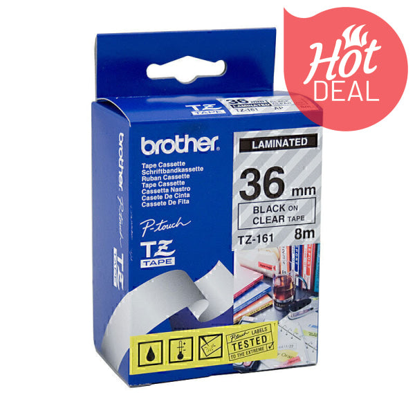 Genuine Brother TZe-161 36mm Black-on-Clear Laminated Labelling Tape (8M)