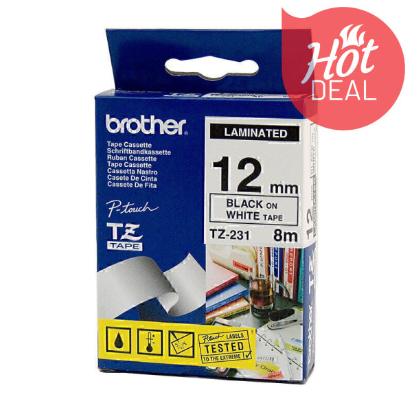 Genuine Brother TZe-231 laminated 12mm x 8m Black-On-White Tape TZ231