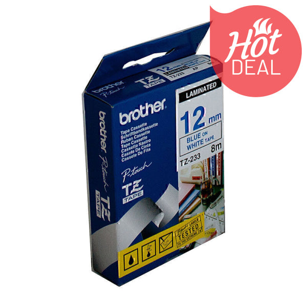 Genuine Brother TZe-233 12mm Blue on White Labelling Tape (8M) for PT1