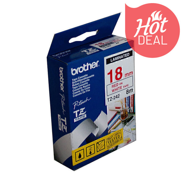 Genuine Brother TZe-242 18mm Red on White Labelling Tape for PT7600/PT