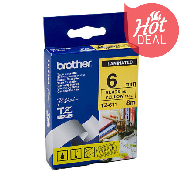 Genuine Brother TZe-611 6mm Black on Yellow Labelling Tape (8M) for PT