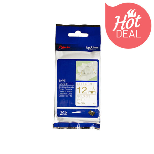 Genuine Brother TZe-R234 12mm x 4m Gold-on-White Labelling Tape